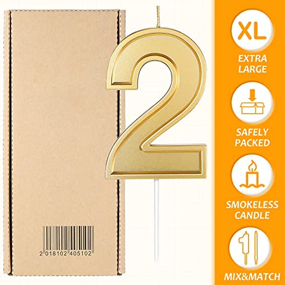 3.94 Inches Oversized 1 Candle Birthday Candles Numbers with 6 Gold Long Thin Metallic Birthday Candles Gold Birthday Candles One Candle Cake Number Candles, Party Celebration (Number 2)