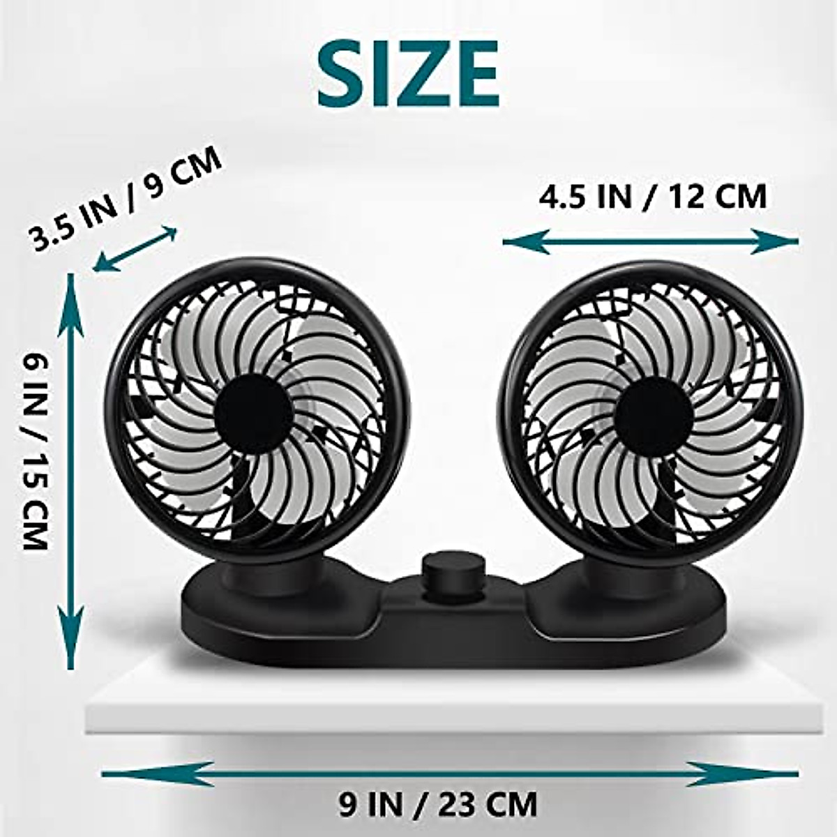 12 V Car Fans for Backseat, Car Cooling Fan with Cigarette Lighter Plug, 360 Degree Dual Head Rotatable Auto Vehicle Fan, Quiet Dashboard Cooling Fan for SUV, RV, Boat