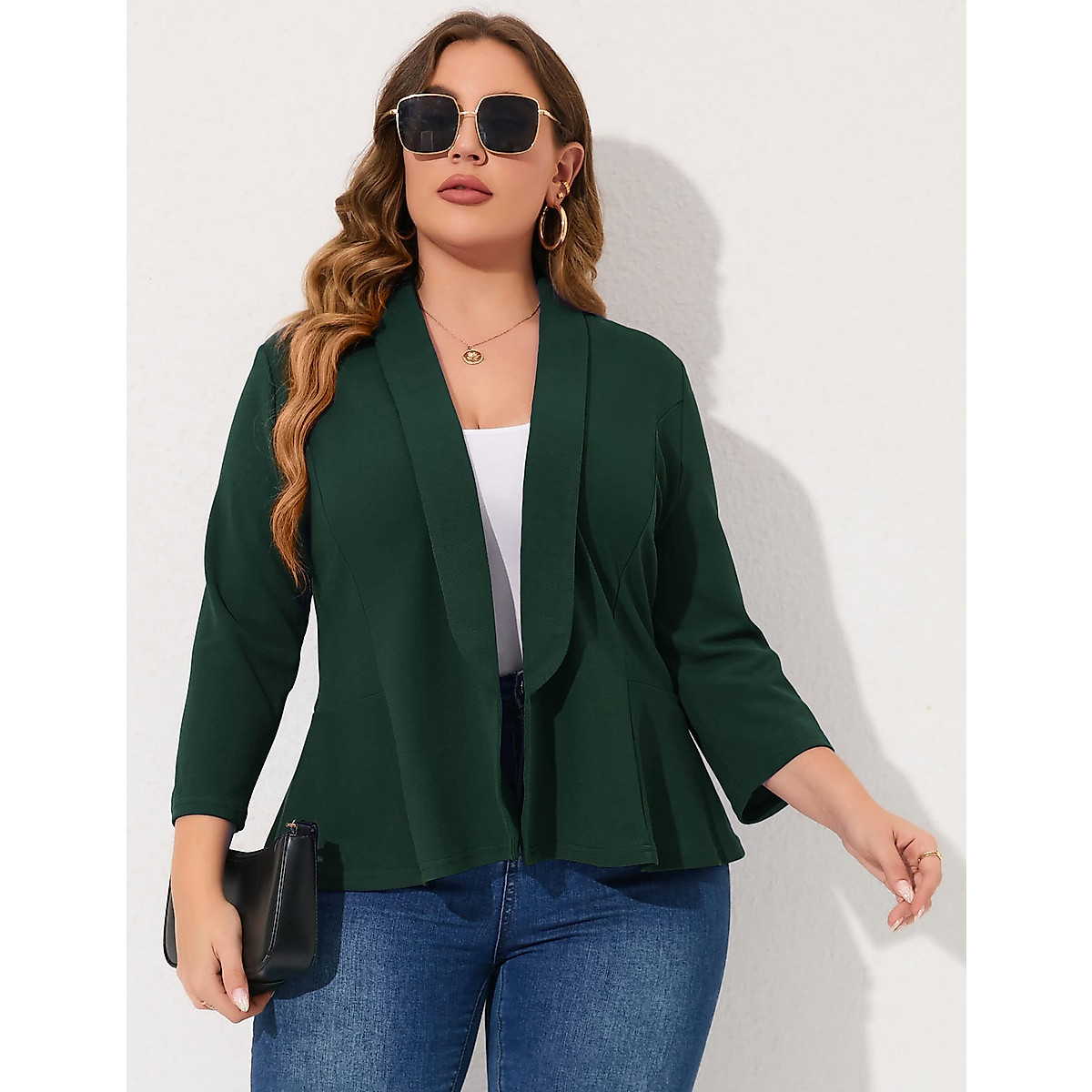 KOJOOIN Women Plus Size Casual Blazer Open Front Long Sleeve Work Office Cardigan Jackets Dark Green 2XL