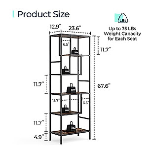 LINSY HOME 5-Tier Bookshelf, 68 Inches Metal Industrial Bookcase, Display Rack with Steel Frame, Storage Rack Shelf for Office, Bathroom, Living Room, Rustic Wood