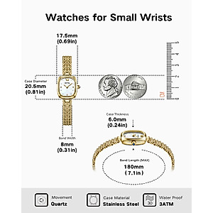 FIYTA Small Gold Watch Series Women's Watch, Rectangular Case, Adjustable Stainless Steel Bracelet, Wrapped by Stylish Gift Box, Elegant Present Watch for Women