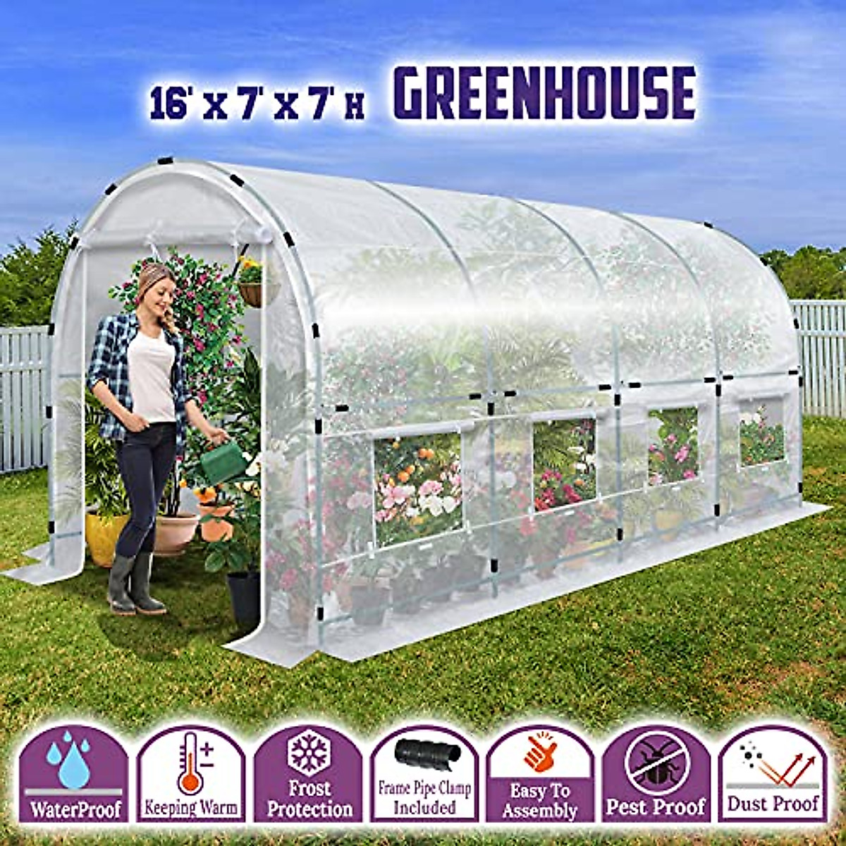 YardGrow Half Transparent Walk-in Plant Greenhouse Heavy Duty Garden Tunnel Tent with ABS Clamps (16'X7'X7')