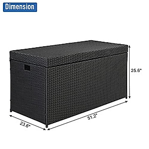 OOTDxvv 500L/132Gallon PE Rattan Deck Box for Patio Furniture, Pool Accessories, and Storage for Outdoor Toys, Black Four-Wire Rattan