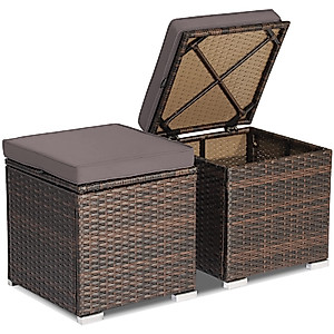 Tangkula 2 Pieces Patio Ottomans, Patiojoy Hand-Woven PE Rattan Side Table with Removable Cushion & Hidden Storage Space, Multifunctional Storage Box, Seat for Patio, Backyard, Poolside (Grey)