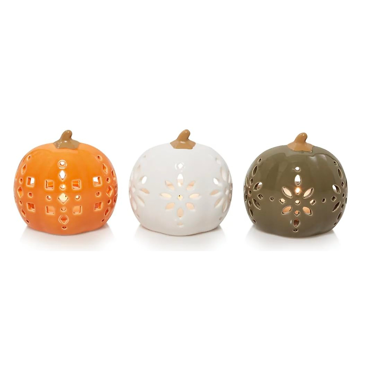 Yankee Candle Pumpkin Candle Holders - Set of 3 Pumpkin Tea Light Holders - Colored with Cutouts in Orange, White, and Green - for Fall, Autumn, Halloween, Thanksgiving