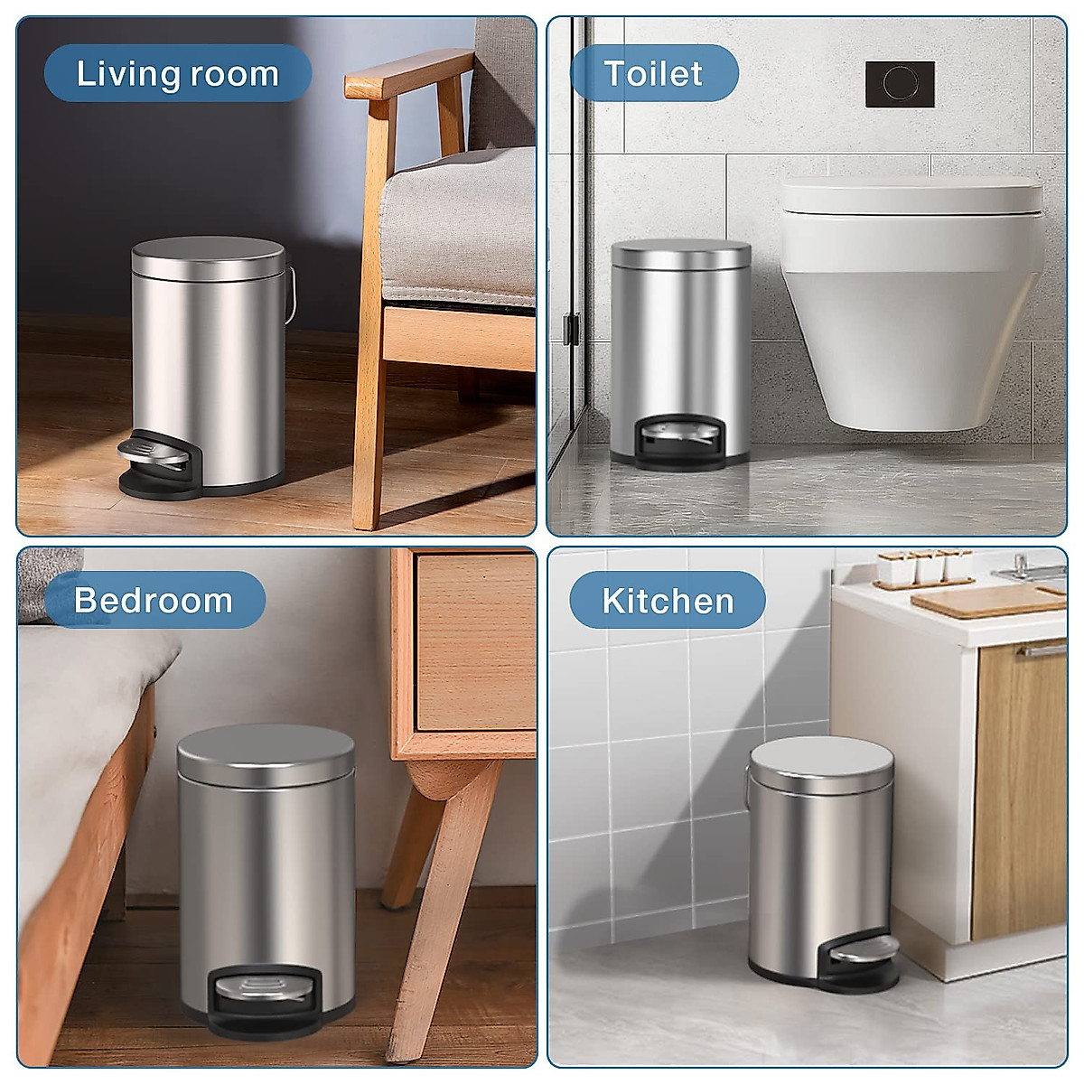 H+LUX Small Trash Can with Lid for Bathroom,Bedroom,Office,Mini Garbage can with Foot Pedal for Small Space, Anti-Fingerprint Brushed Stainless Steel Garbage Can, 0.8Gal/3L