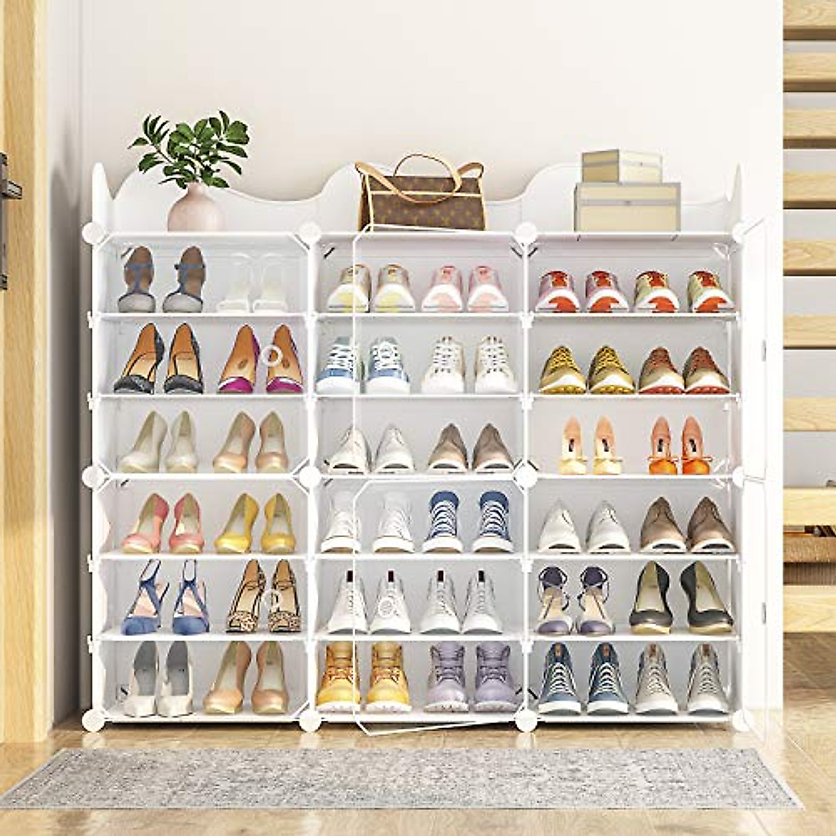 MAGINELS Portable Shoe Rack, 36-Pair DIY Shoe Storage Shelf Organizer, Plastic Shoe Organizer for Entryway, Shoe Cabinet with Transparent Doors, White