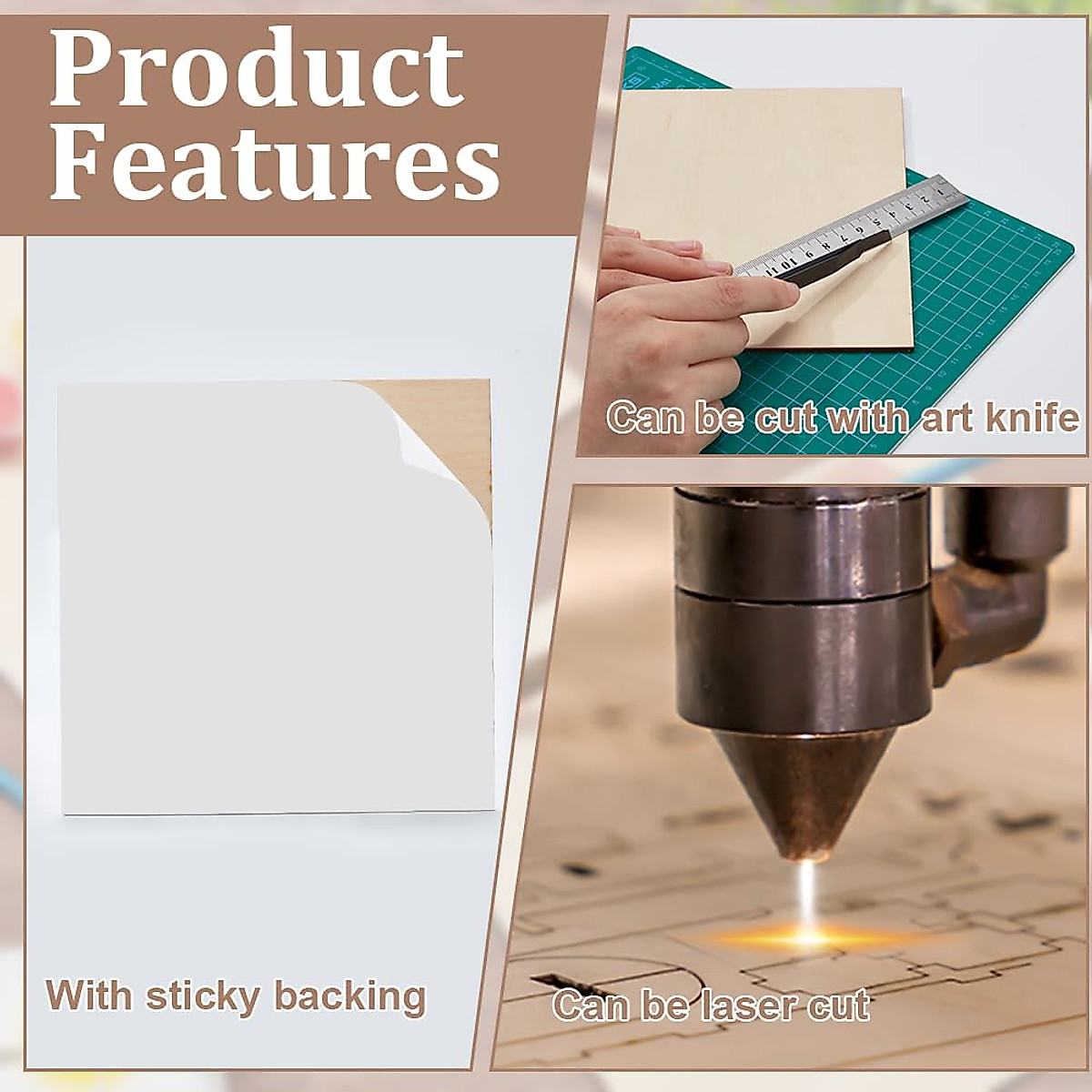 BENECREAT 2PCS Wood Veneer Sheets Laser Cut, 12x12 Inches Self Adhesive Rectangle Wood Panels for DIY Painting, Laser Projects, Woodworking, Model Making, 3mm Thick