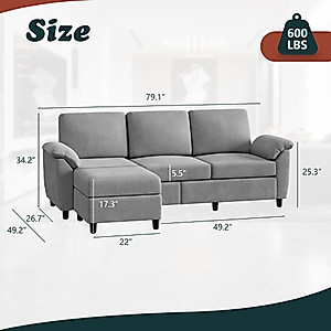 Vongrasig 79" Convertible Sectional Sofa Couch, 3 Seat L Shaped Sofa with Removable Pillows Linen Fabric Small Couch Mid Century for Living Room, Apartment and Office (Light Grey)