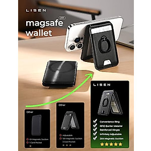 LISEN for Magsafe Wallet RFID [Strongest Magnetic] iPhone Wallet for Apple Wallet Magsafe with Adjustable Magsafe Wallet Stand Black Magnetic Wallet for iPhone 15/14/13/12 Fit Magsafe 3 Wallet