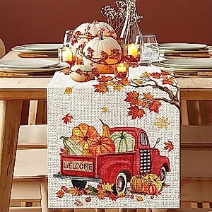 Fall Thanksgiving Table Runner 72 Inch, Red Truck Fall Decorations for Home Orange Leaves Pumpkin Thanksgiving Table Decorations for Coffee Table Dining Room Kitchen Entryway Table Top Mantle Decor