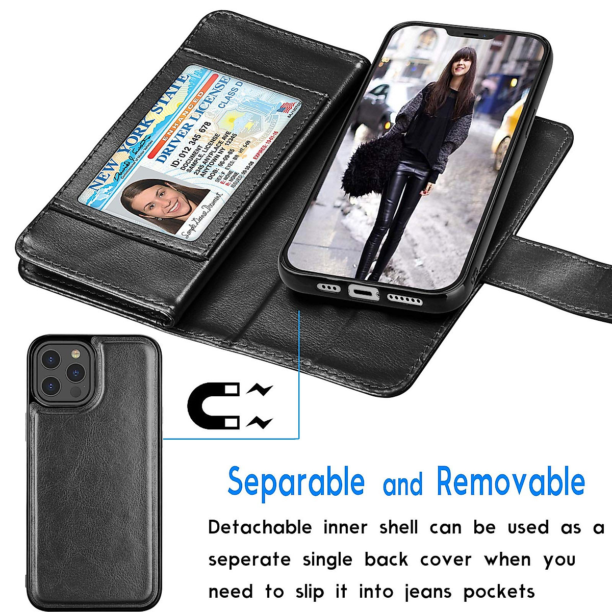 Tekcoo Wallet Case for iPhone 12 Pro Max (6.7 inch) 2020 Luxury ID Cash Credit Card Slots Holder Carrying Pouch Folio Flip PU Leather Cover [Detachable Magnetic Hard Case] Lanyard - Black