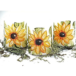 Decorative Small 1 1/2 Inch Off White Plastic Battery Operated Flameless Flickering Flame Votive Candles Set of Three with Hand Painted Sunflowers Boho Decor Goddess Arts Collection