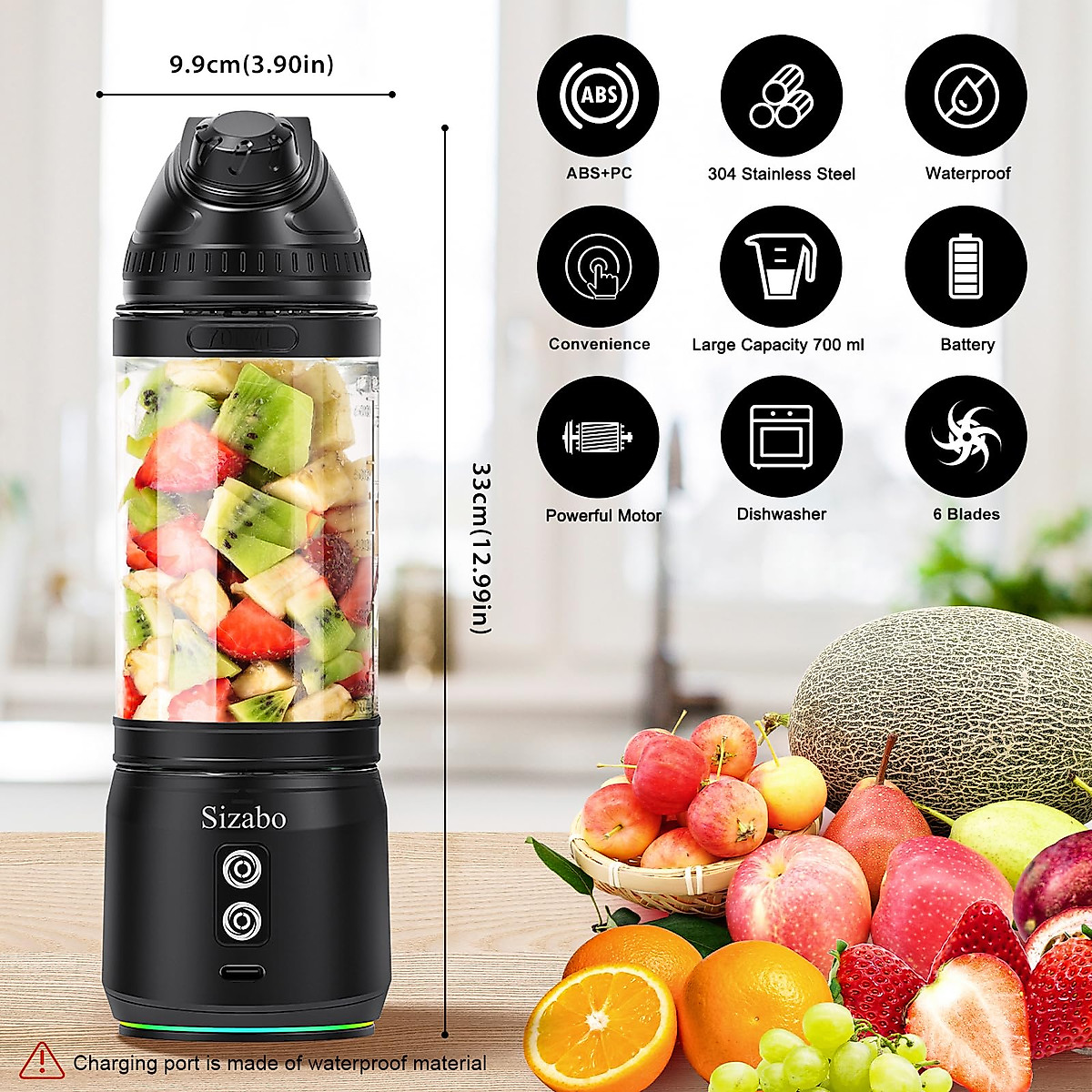 Portable Blender for Shakes and Smoothies,Sizabo Personal Size High Speed Blender,24 oz USB C Rechargeable Blender,2000 mAh*3 Tritan Mini Fruit Juice Mixer for Travel/Picnic/Office/Gym/Sport(Black)