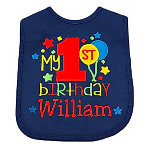 Fantasy Kids Designs First Birthday Boy Bib Personalized with Baby Name (Navy Blue Bib/Red)