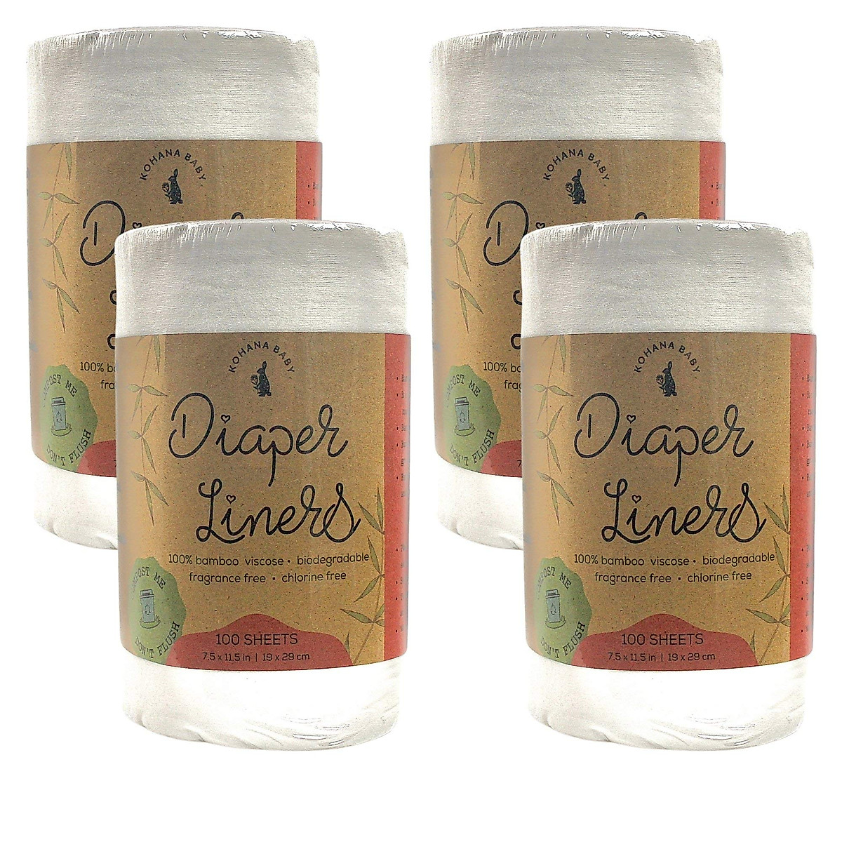 Kohana Baby Soft Biodegradable Bamboo Diaper Liners for Easy Cloth Diapering | Unscented & Chlorine Free - 400 Sheets (4 PK)