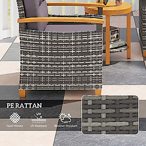 Outsunny 3 Pieces Wicker Outdoor Bistro Set, Rattan Patio Furniture Set with Acacia Wood Coffee Table and Porch Chairs for Backyard, Balcony, Garden, Gray