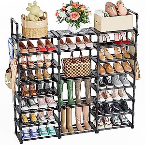 Mavivegue Metal Shoe Rack Organizer，8 Tiers Tall Shoe Shelf Storage，40-45 Pairs Vertical Large Boot Rack,Stackable Shoe Racks for Entryway, Closet, Garage, Bedroom,Cloakroom -Black