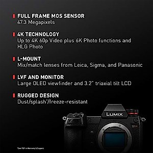 Panasonic LUMIX S1R Full Frame Mirrorless Camera with 47.3MP MOS High Resolution Sensor, L-Mount Lens Compatible, 4K HDR Video and 3.2” LCD - DC-S1RBODY