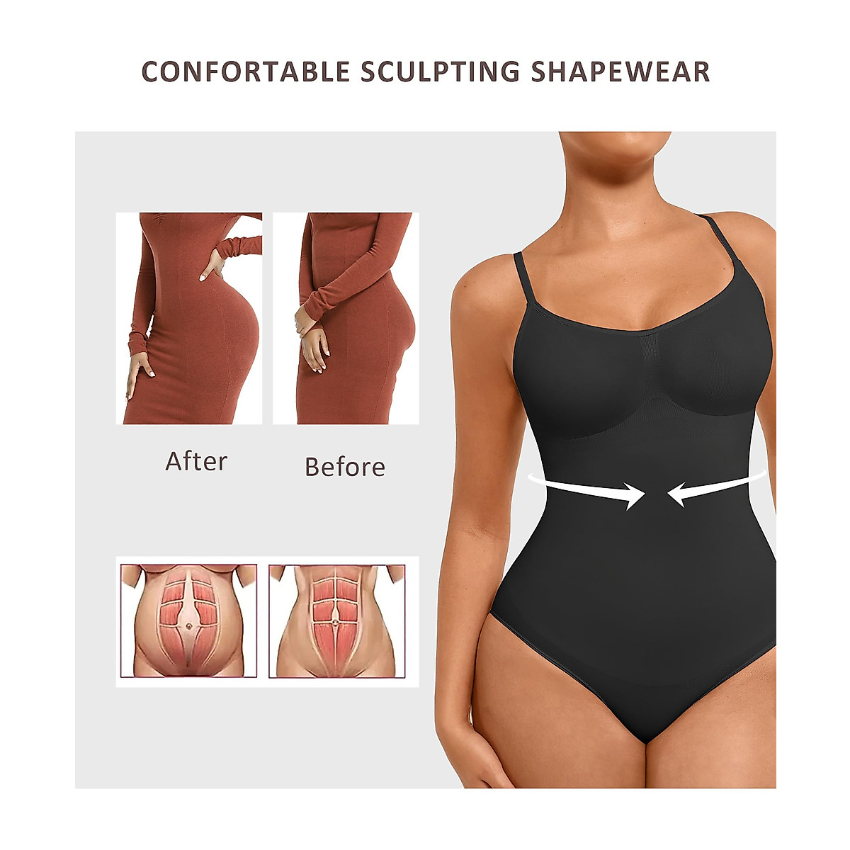 FeelinGirl Shapewear Bodysuit for Women Tummy Control Sculpting Snatched Waist Body Suit Brief Light Black Skin M/L