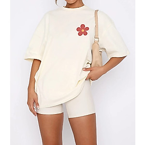 Cioatin Women’s Aesthetic Y2K Oversize Tee Shirt Top Floral Slogan Letter Graphic Drop Shoulder Short Sleeve Tshirt Apricot