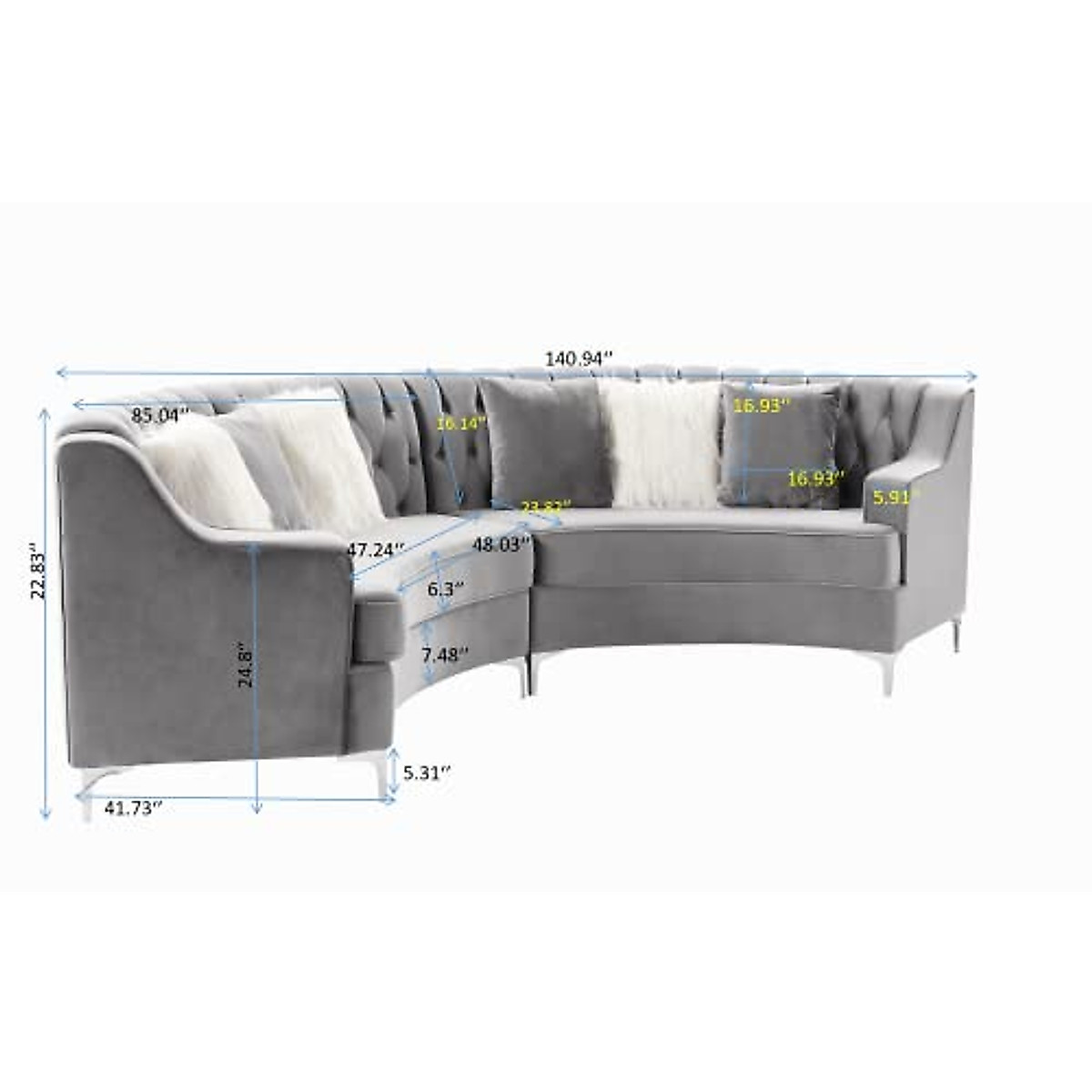 Melpomene Modern Velvet Curved Sofa, Symmetrical Modular Semi Circular Sofa with 6 Pillows(Tufted,Grey)