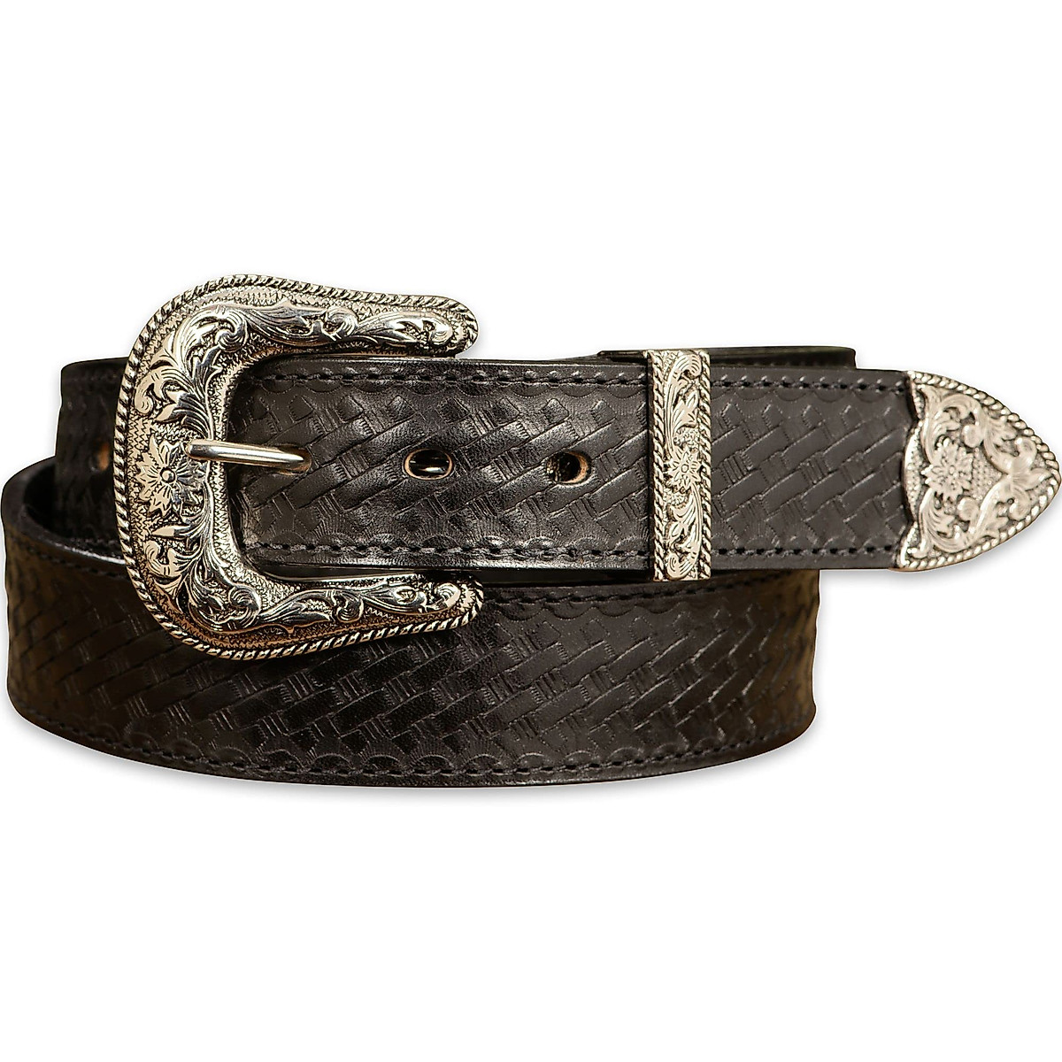 BullhideBelts.com Men's Leather Basket Weave Western Belt, 1.5” Wide, Black, 38“