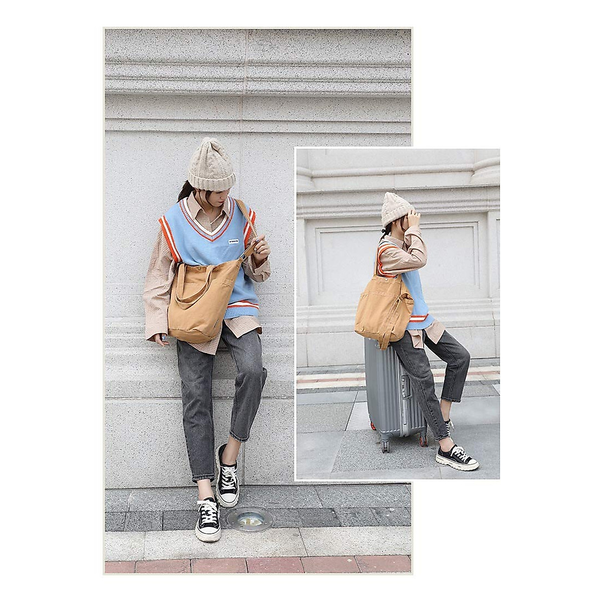 Jeelow Washed Canvas Tote Handbag Shoulder Bag Purse Crossbody With Pockets For Men & Women (Brown Tote Pocket)