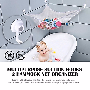 Eutuxia Toy Storage Hammock + Hooks Bundle. Large Organizer for Stuffed Animals, Balls, Toys, Etc. Great Way to Organize Kids & Children's Rooms, Bathrooms. Secure Mesh Net with Strong Adhesive Hooks.