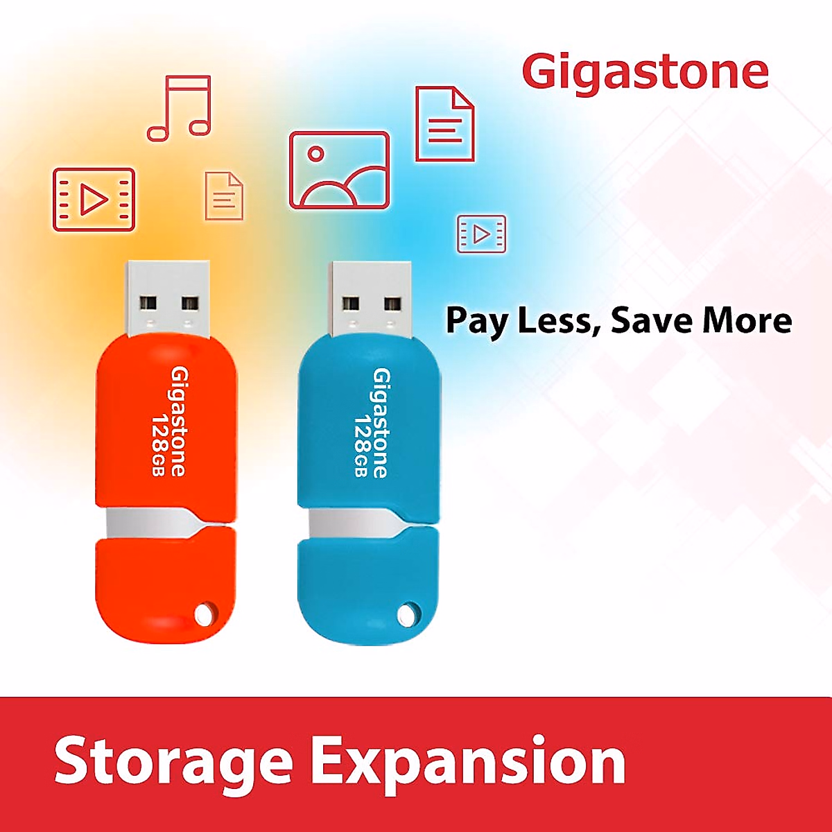 [Gigastone] V10 128GB 2-Pack USB 2.0 Flash Drive Thumb Drive Memory Stick Pen Drive Capless Retractable Design (Blue&Orange)