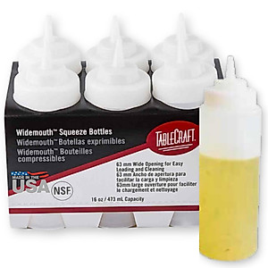 Tablecraft Plastic Condiment Squeeze Bottles, Foodservice Restaurant Commercial Grade Widemouth 63mm Empty Squirt Dispenser for Ketchup, Mustard, Syrup, Food Prep, 16 oz, 473 mL, Clear, 6 Bulk Pack