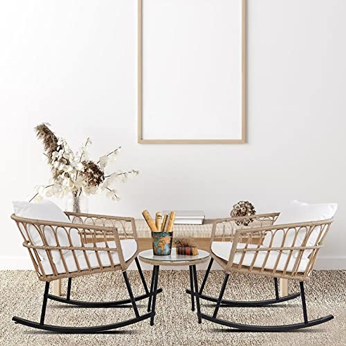 3 Pieces Rocking Chairs Set, Boho Indoor Outdoor All Weather Woven Rope Table Set, Tan Wicker Chat Set with White Cushions, Rattan Sets for Balcony, Garden, Front Porch,Indoor,Living Rooms