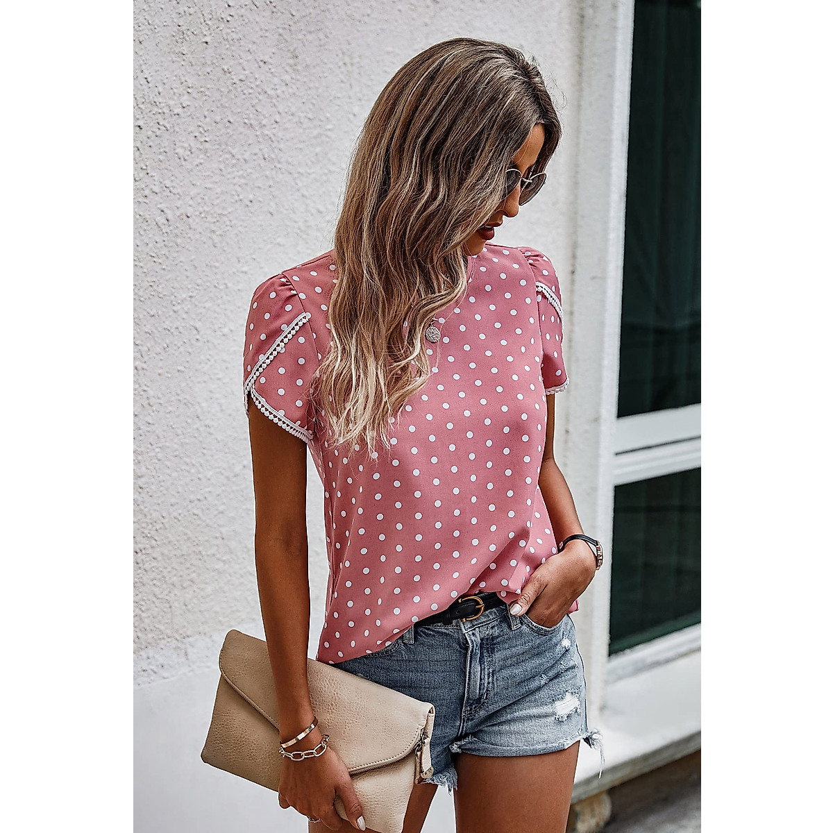 Angashion Women's Tops Casual Floral Print Lace Crochet Short Sleeve Crewneck Summer Loose Blouse Shirt Tunic Top Pink White M