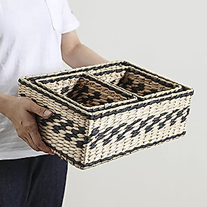 Water Hyacinth and Paper Handwoven Rectangle Basket (Assorted Set of 3, 1 Medium 13.8"x9.4"x5.1", 2 Small 7.5"x5.9"x4.5", Beige and Black)