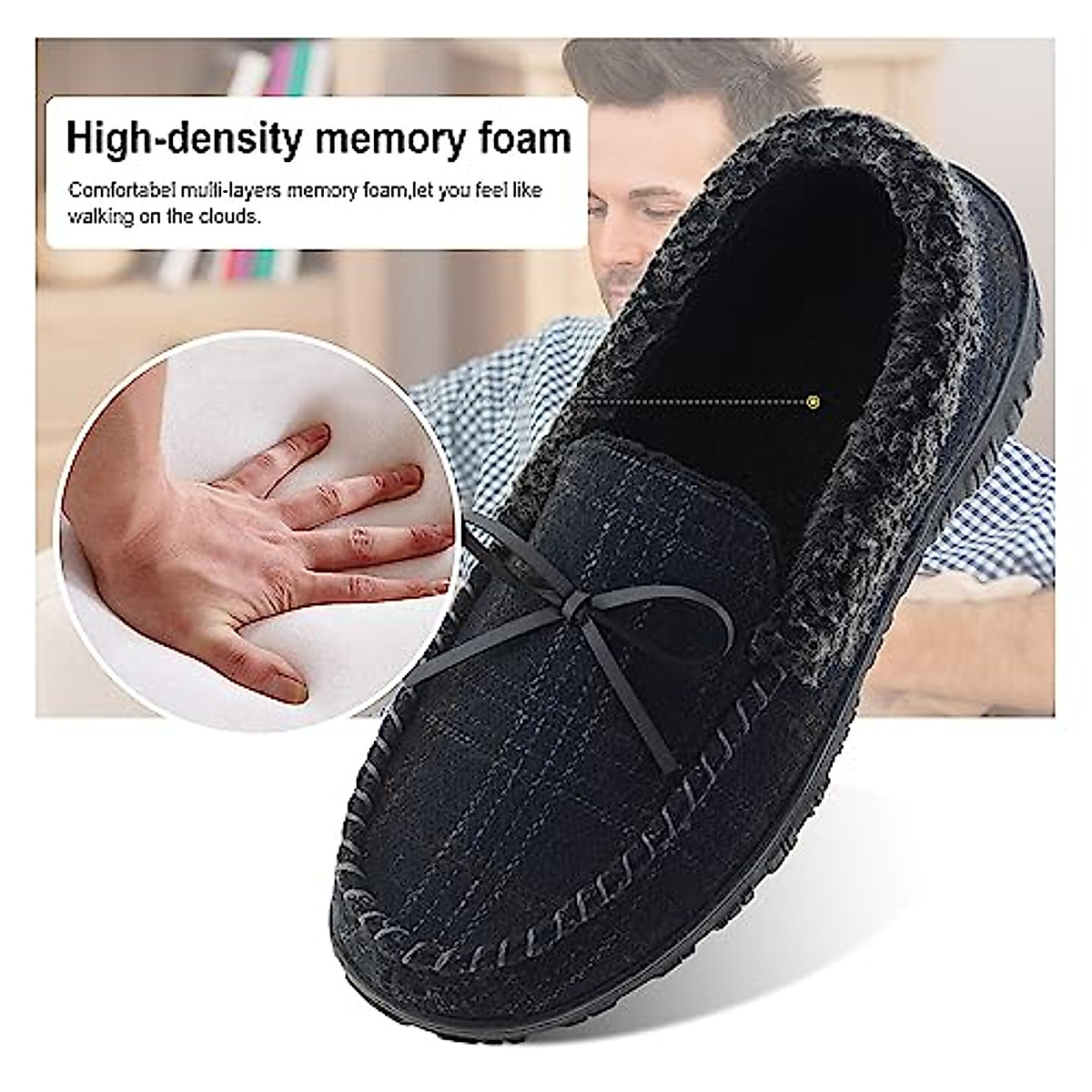 SKABIU Mens Moccasin Slippers House Shoes for Men Memory Foam Bedroom Slippers Black 10