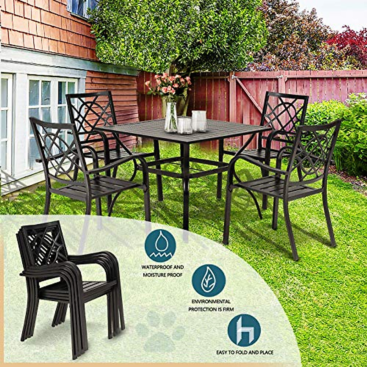 Oakcloud 2 Pieces Patio Wrought Iron Chairs, Metal Outdoor Dining Set, Stackable Bistro Chairs with Armrest for Garden Backyard, 300 LBs, Black