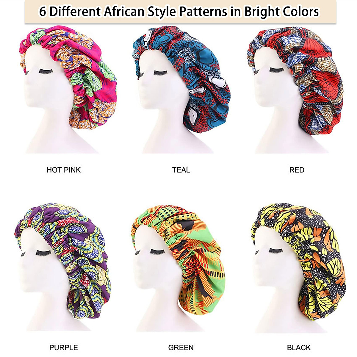 6 Packs Double Layer Satin Bonnet for Women Silk African Print Sleep Cap Head Scarf Large Head Wrap Soft Night Sleeping Hat Adjustable for Long Curly Natural Hair Braids