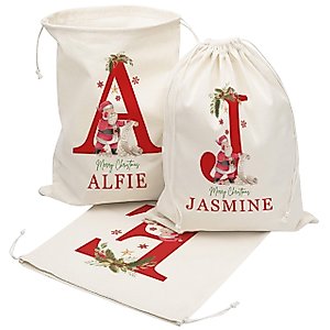 Personalized Santa Sack with Initial & Name for Kids Custom Christmas Gift Bags for Holiday Presents, Christmas Eve Box Large Sack Bags
