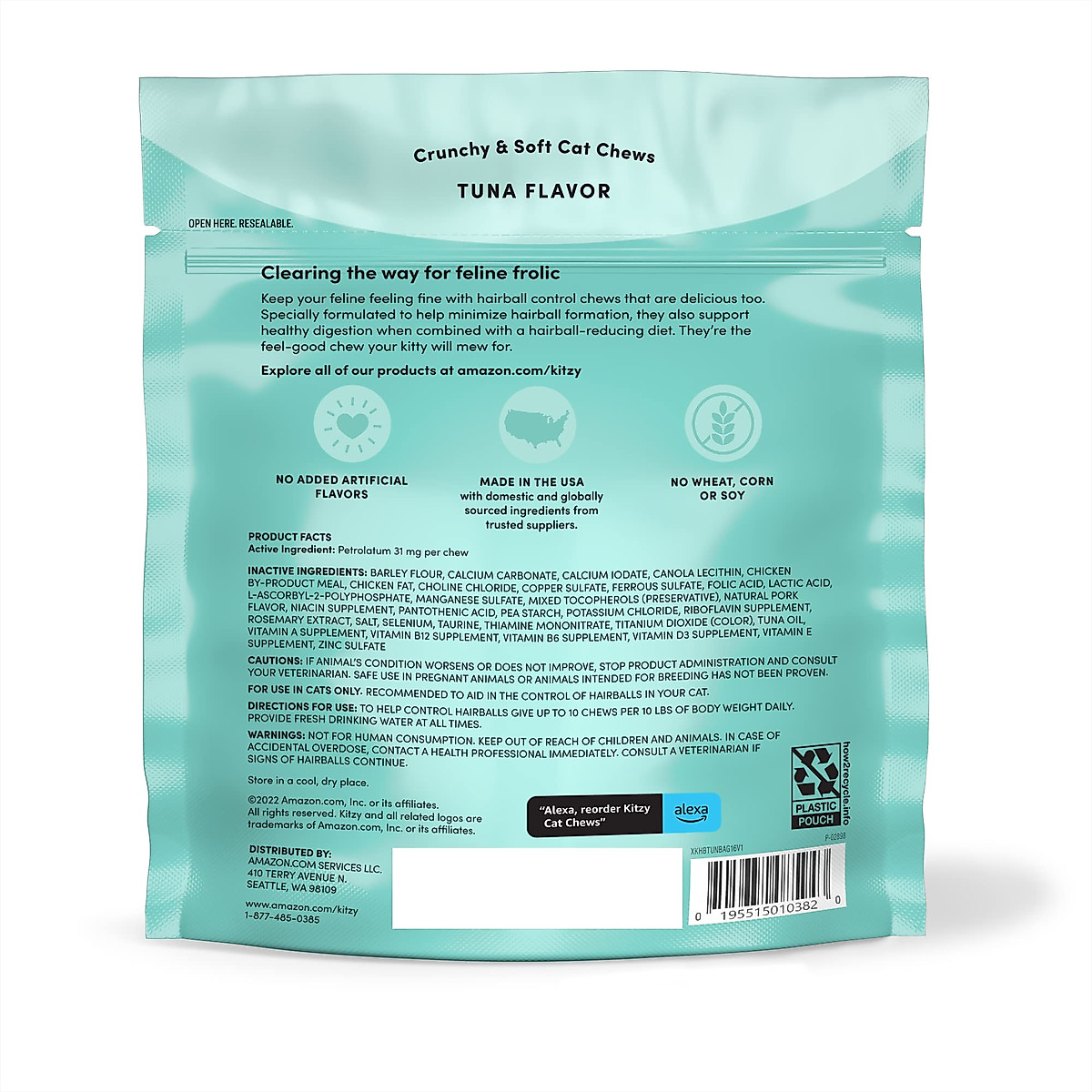 Amazon Brand - Kitzy Hairball Control Crunchy and Soft Natural Cat Chews, Tuna, 16 oz