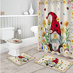 BULING 4Pcs Shower Curtain Set with Rugs,Farmhouse Ladybug Gnome with Daisy Sunflower Spring Summer Pattern Shower Curtain with 12 Hooks, Bath Mat, Toilet Lid Rug and Non-Slip U Shape Mat Accessories