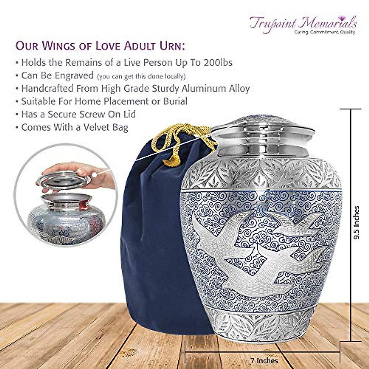 Trupoint Memorials Cremation Urns for Human Ashes - Decorative Urns, Urns for Human Ashes Female & Male, Urns for Ashes Adult Female, Funeral Urns - Blue Silver, Large
