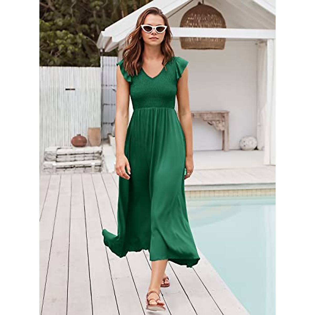 ANRABESS Women's Summer V Neck Ruffle Sleeve Midi Dress Boho Smocked Swing Long Dress with Pockets A836-yelv-L