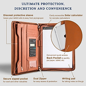 COSSINI Premium Business Portfolio with Zipper – Padfolio - Superior Business Impressions Begin with PU Vegan Leather, 10.1 Inch Tablet Sleeve, Smart Storage, Solar Calculator, Writing Pad - Tan