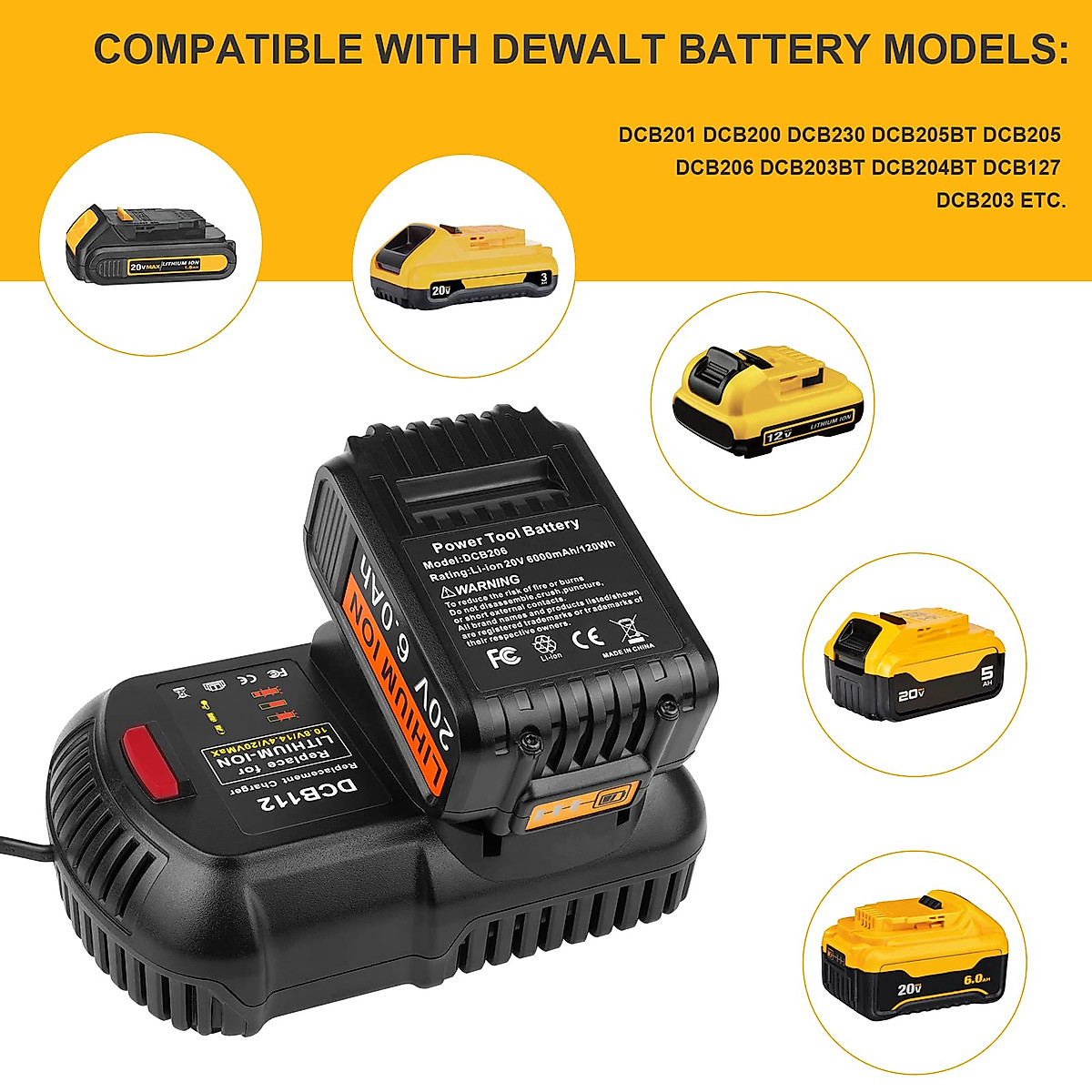 Fast Battery Charger DCB112 for Dewalt Tools 12V-20V Lithium-ion Battery DCB101 DCB105 DCB115 DCB107, Fit DCB120 DCB127 DCB206 DCB205 DCB204 DCB203 DCB201 DCB200