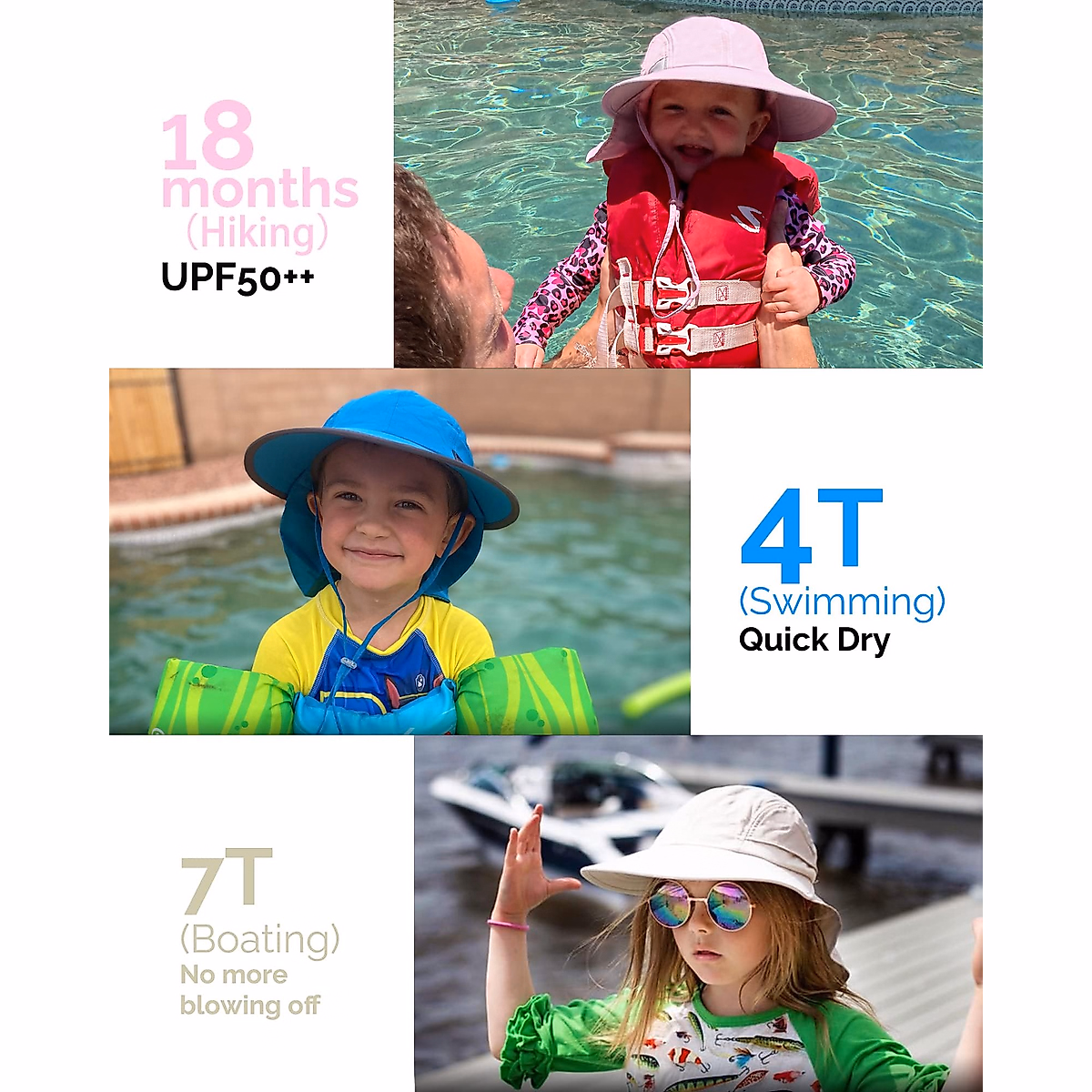 Camptrace Toddler Kids Sun Hats with Neck Flap UPF 50+ UV Protection Wide Rigid Brim Boys Girls Beach Swim Sunhat