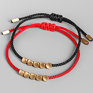 MENGLINA Women Men Handmade 5 Irregular Brass Copper Beads Tibetan Bracelet Chinese Feng Shui Lucky Red String Rope Couple Bracelets Distance Friendship Lovers Gifts (Red Red)