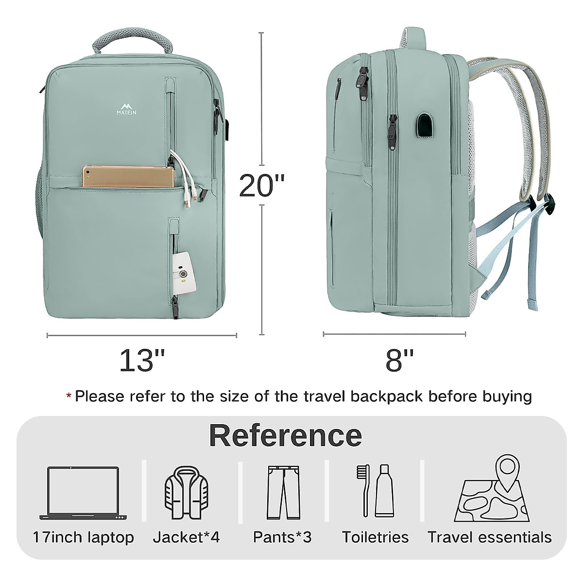 MATEIN Carry on Backpack for Women, 40L Large Travel Laptop Backpacks with USB Charge Port, Airline Approved Water Resistant Luggage College Weekender Overnight Bag Fits 17.3 Inch Notebook, Light Blue