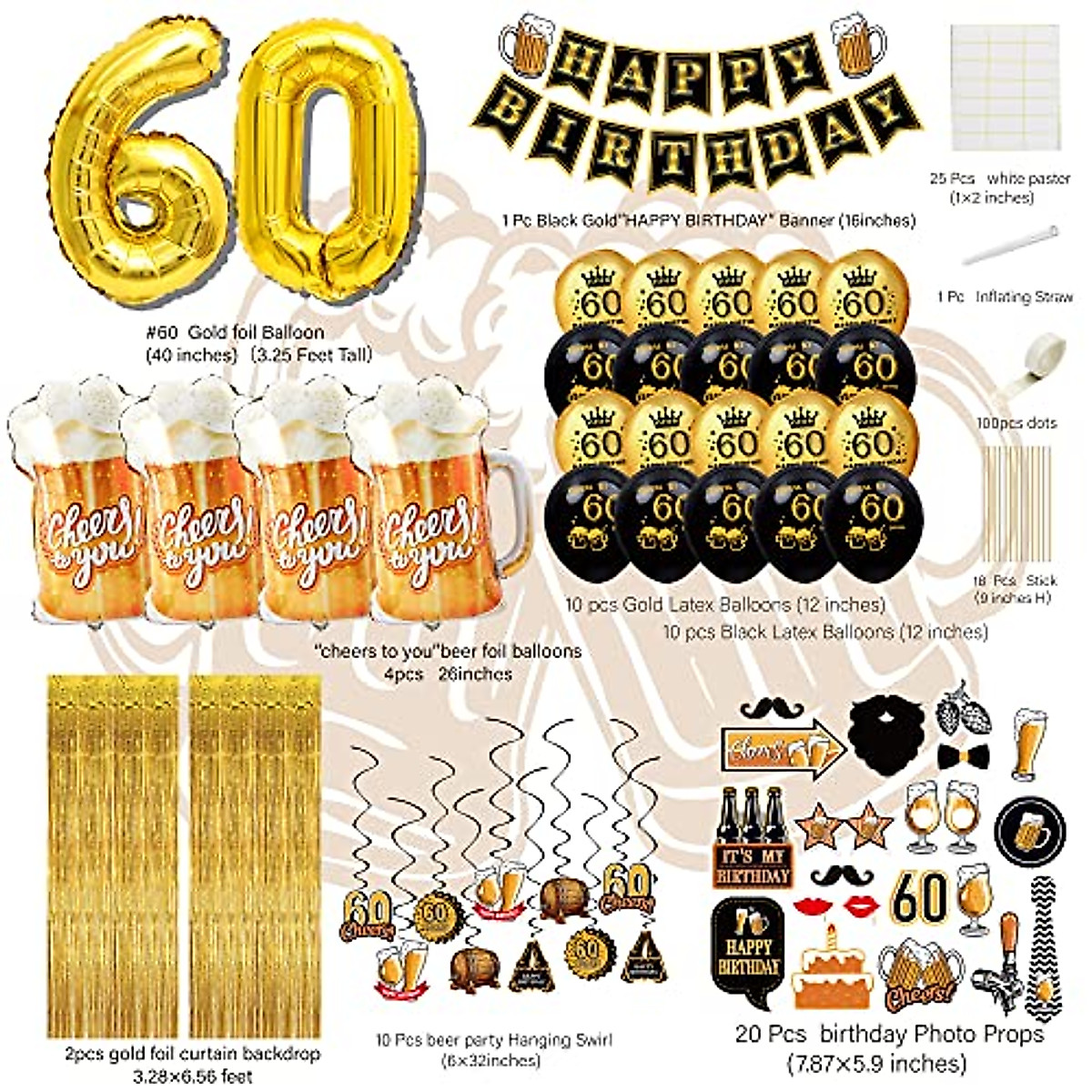 60th birthday decorations for men women - (60pcs) black gold party Banner, 40 Inch Gold Balloons,60th Sign Latex Balloon,Fringe Curtains and cheers to you Foil Balloons,Hanging Swirl,photo props