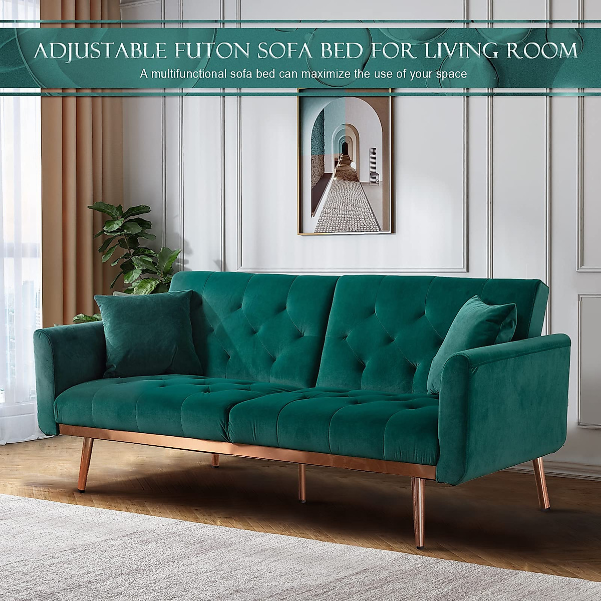 Convertible Velvet Futon Sofa Bed, Upholstered Loveseat Sleeper Couch with 3 Reclining Angles and 2 Pillows, Modern Living Room Sofa Couch with 5 Solid Metal Legs for Guest Room, Office, Emerald