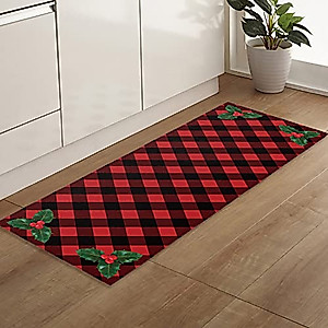 FDECOR Christmas Kitchen Mats Set of 2, Christmas Red Lattice Berry Cushioned Rugs Floor Mats for Kitchen Laundry,Non Slip Farmhouse Kitchen Runner Rugs Comfort Standing Mat, 19.7x31.5in+19.7x63in